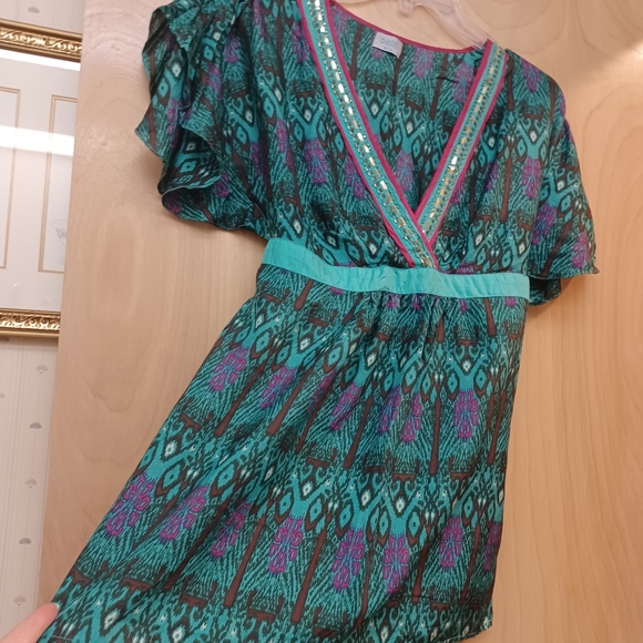 Oasis | Tops | Oasis Silk Green Teal Pink Ikat Peplum Boho Top S | Poshmark